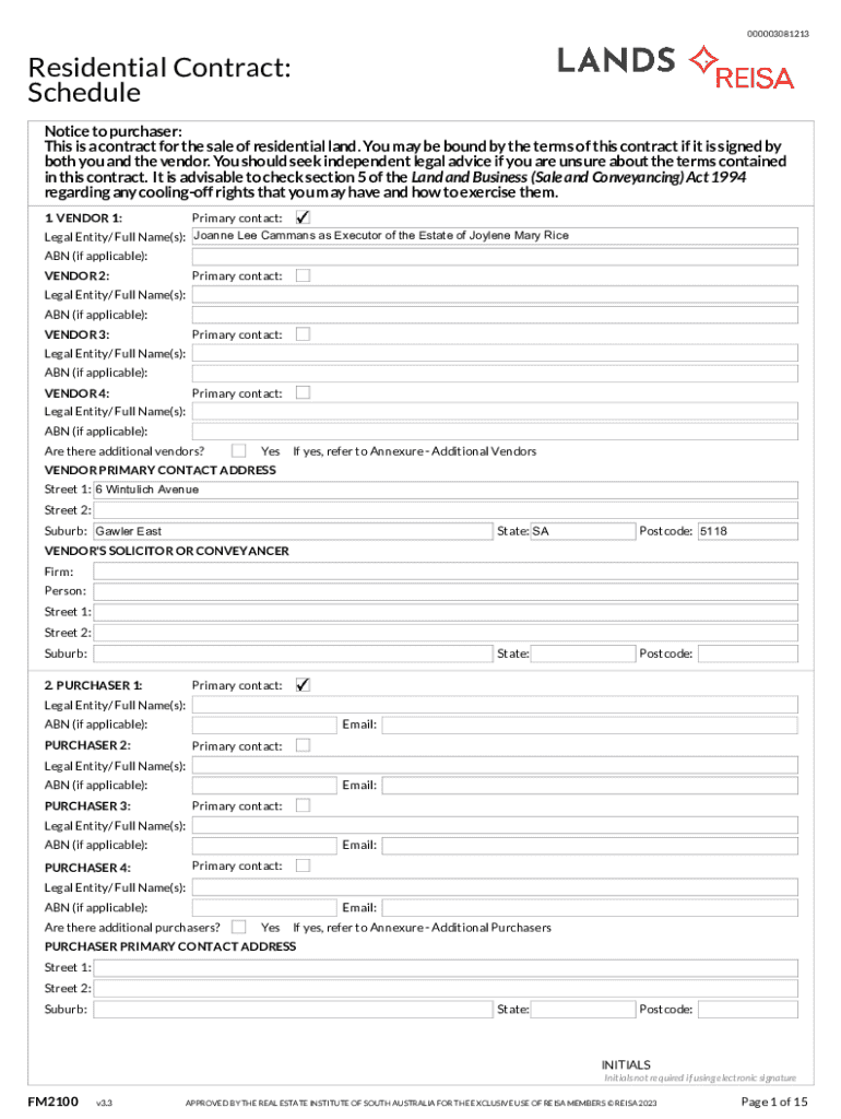 Fillable Online Residential Contract for Sale of Land - South Australia ...