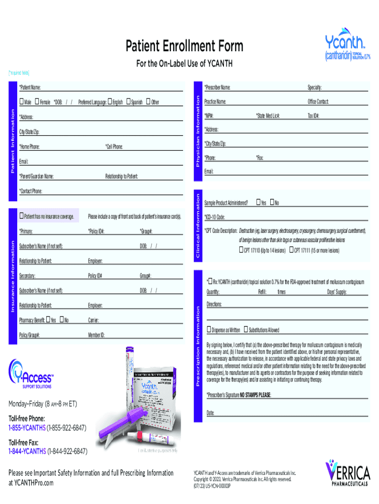 Fillable Online Patient Enrollment Form for Ycanth - 2023 Fax Email Print - pdfFiller