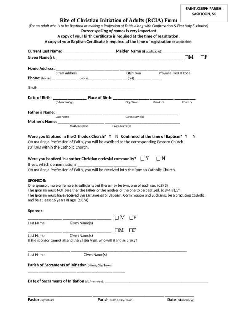 Rite of Christian Initiation of Adults (rcia) Doc Template | pdfFiller