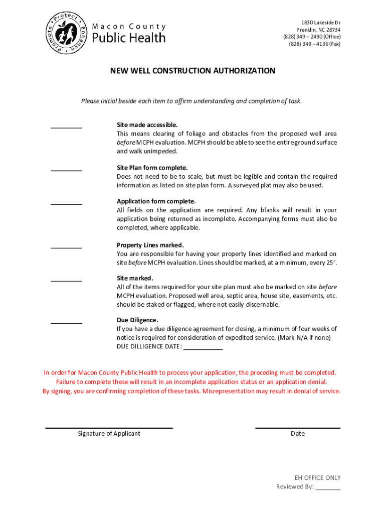 Fillable Online New Well Construction Authorization 2023 - Macon County Public Health Fax Email ...