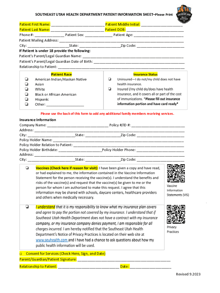 Fillable Online Southeast Utah Health Department Patient Information ...