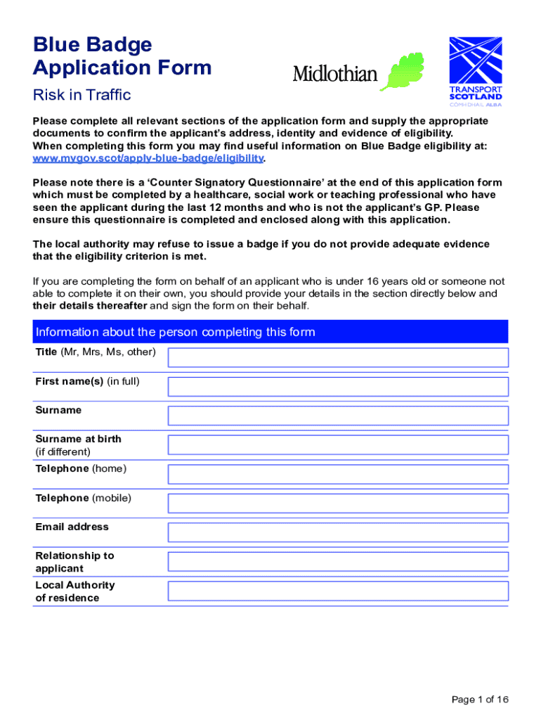 Fillable Online Blue Badge Application Form 2023 - Risk in Traffic ...