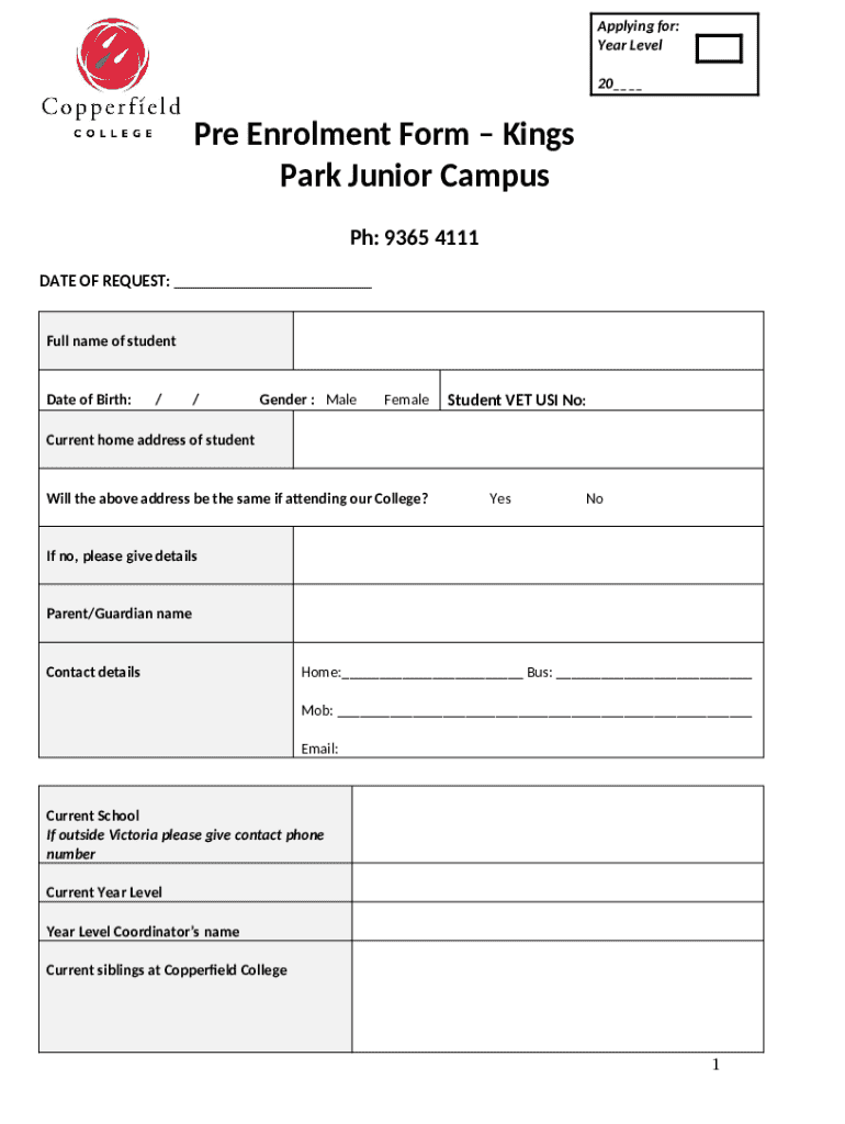 Pre Enrolment - copperfieldcollege vic edu Doc Template | pdfFiller