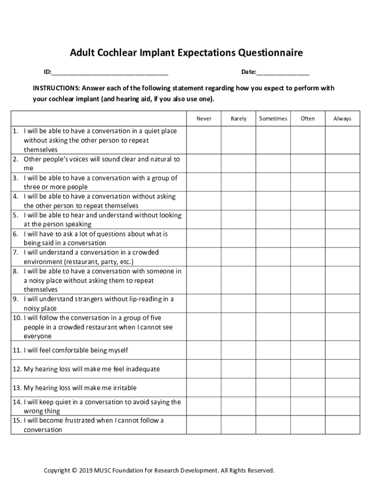 Fillable Online Cochlear Implant Expectations Questionnaire 2019 - Improve Hearing Fax Email ...