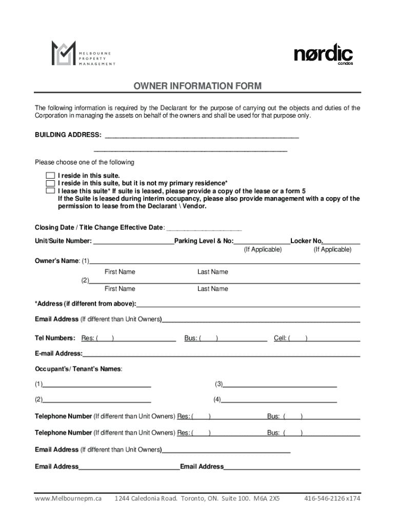 Fillable Online Owner Information Form 2023 - Complete Your Details for ...
