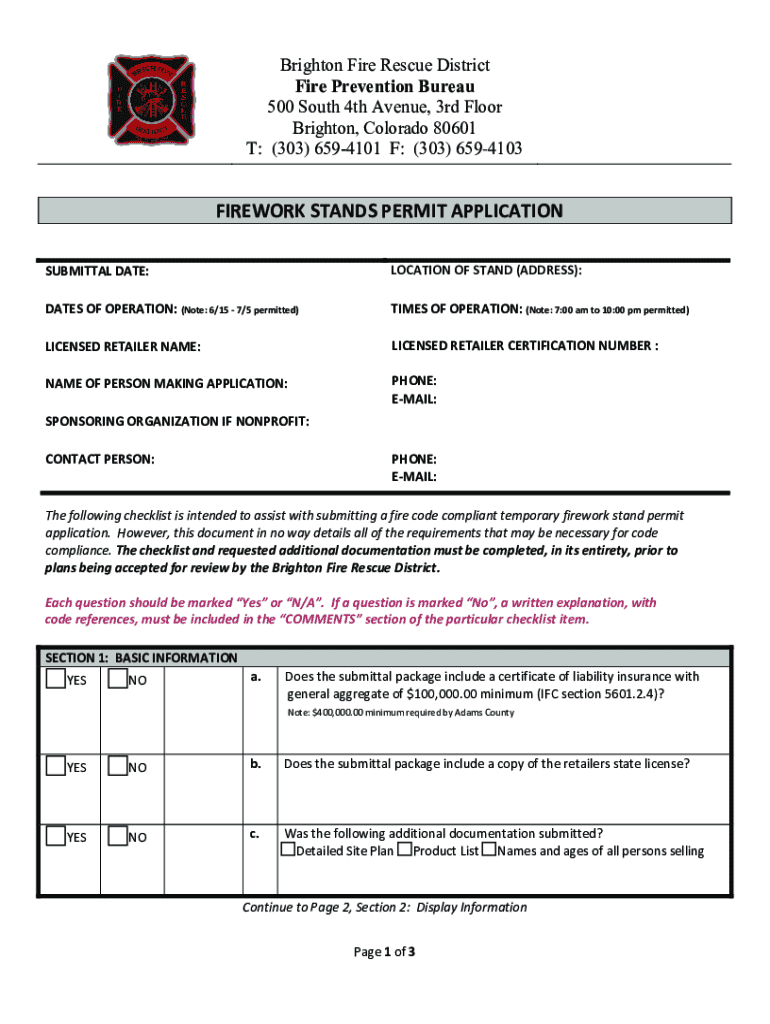 Fillable Online 2023 Fireworks Stands Permit Application - Brighton Fire Rescue District Fax ...