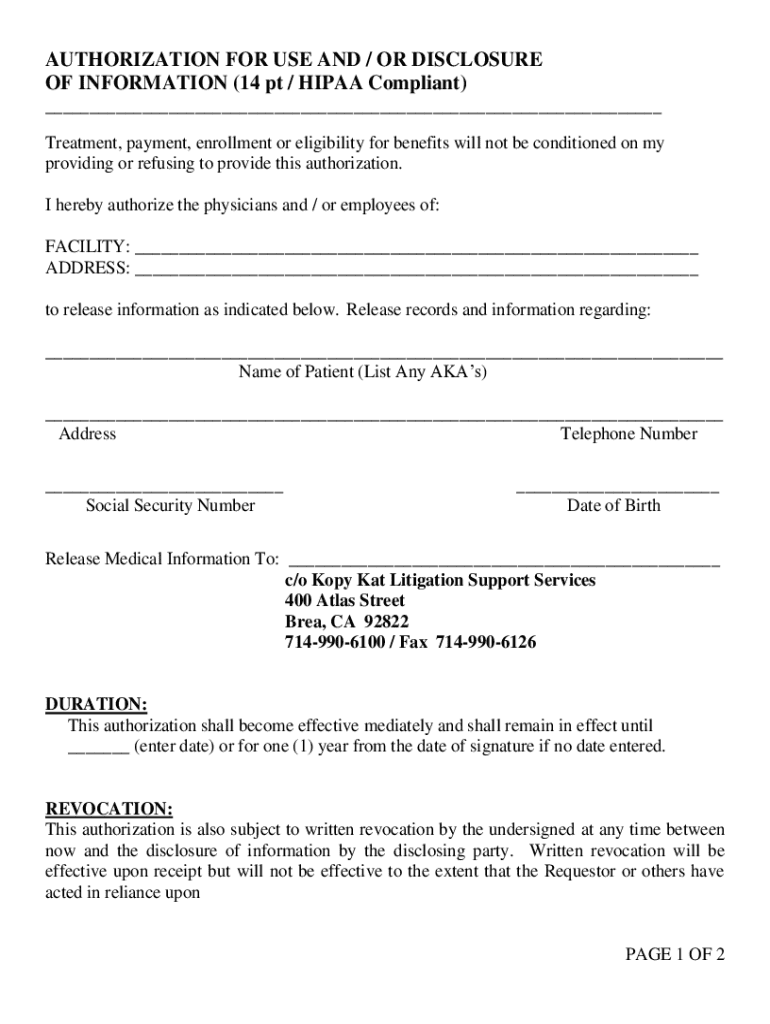Fillable Online Hipaa Compliant Authorization for Disclosure of Health ...