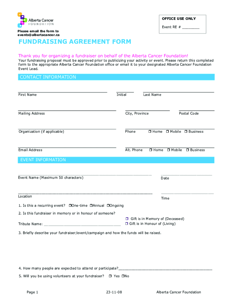 Fillable Online 2023 Fundraising Agreement Form for Alberta Cancer ...