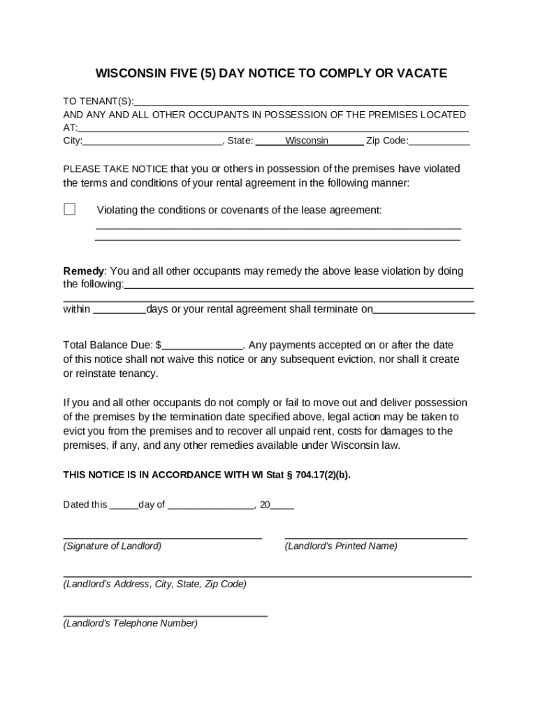 Wisconsin Five Day Notice to Comply or Vacate Doc Template | pdfFiller