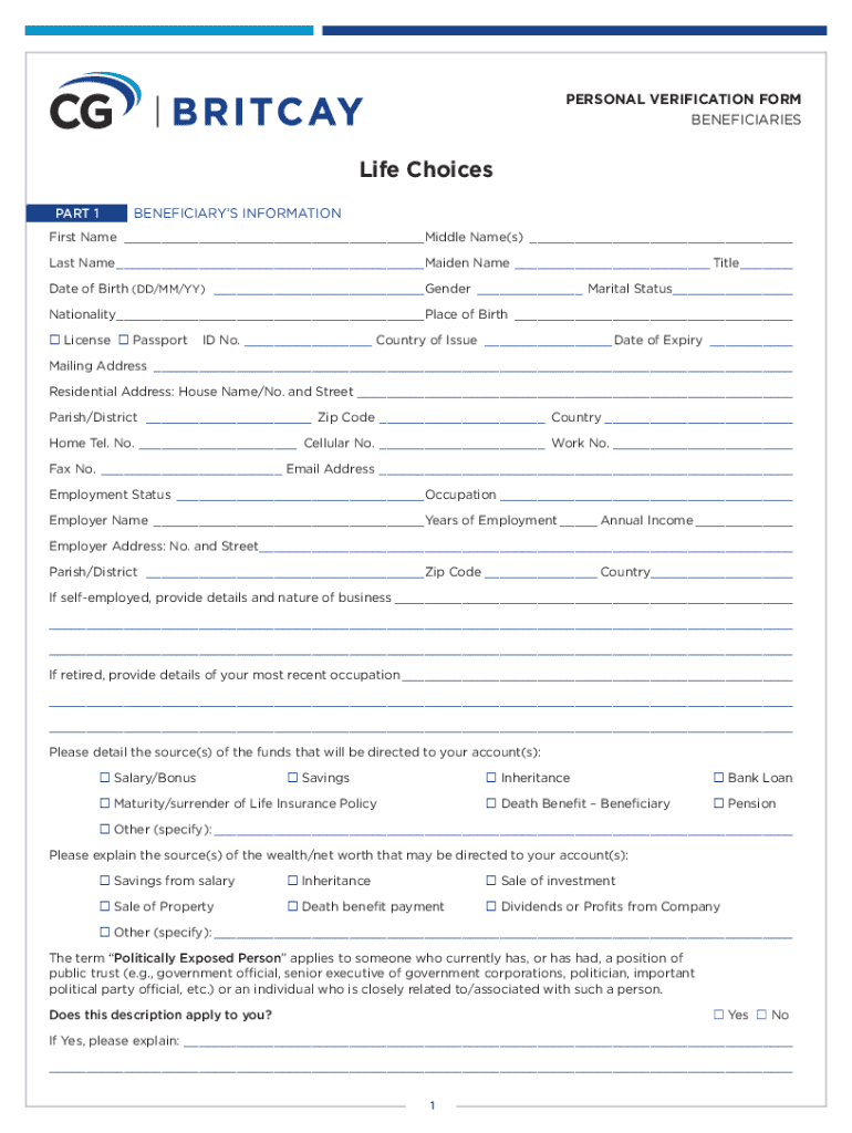 Fillable Online Personal Verification Form for Beneficiaries - Life ...