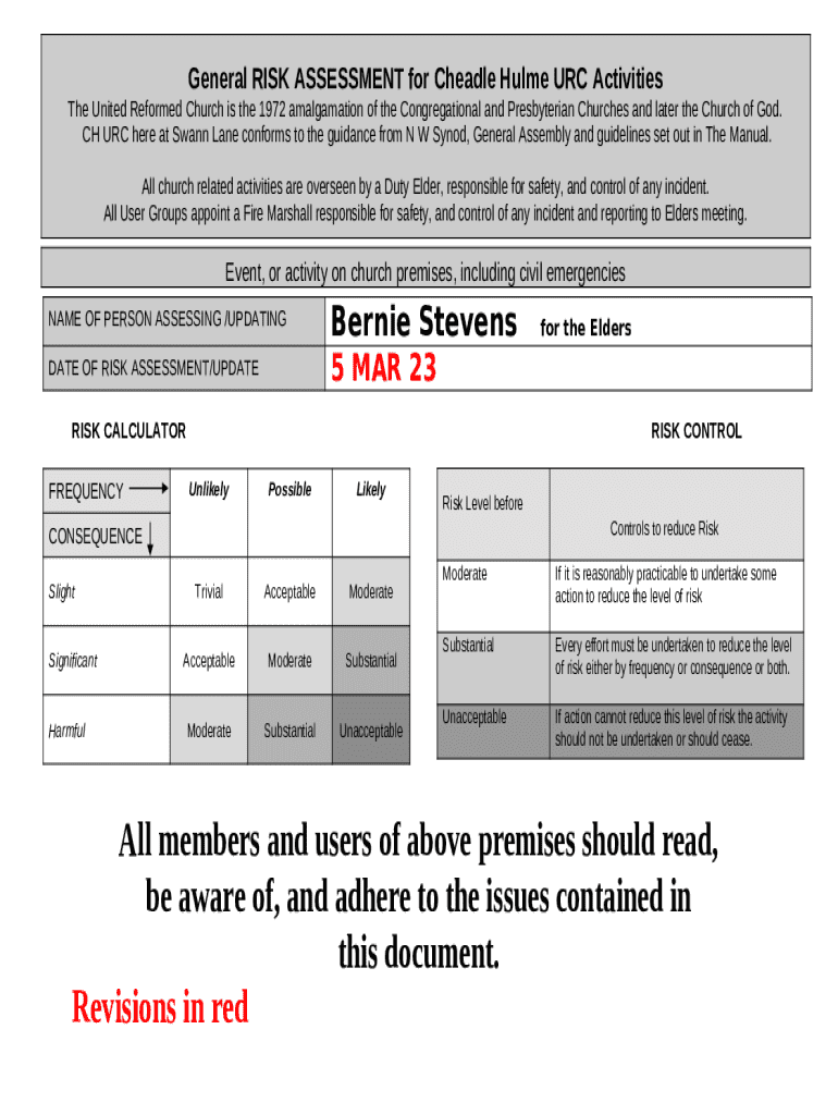 General Risk Assessment for Cheadle Hulme Urc Activities Doc Template | pdfFiller
