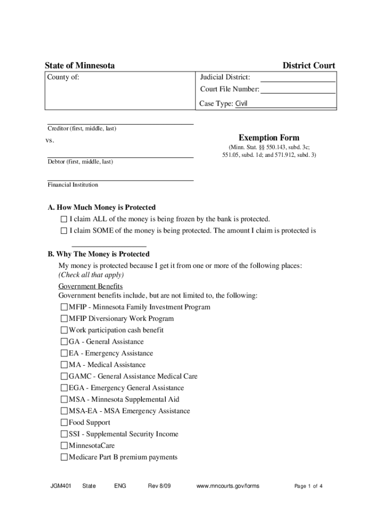 Fillable Online Minnesota Exemption Form for Debtors to Protect ...