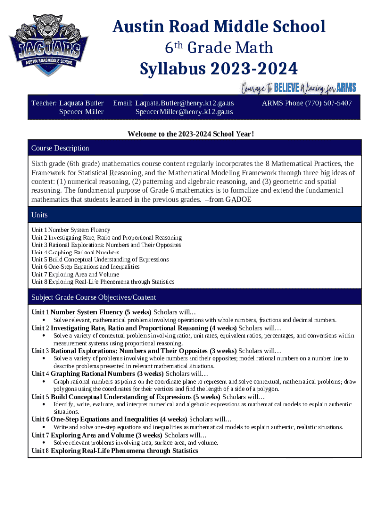 Mrs. Butler's 6th Grade Math Syllabus Doc Template | pdfFiller