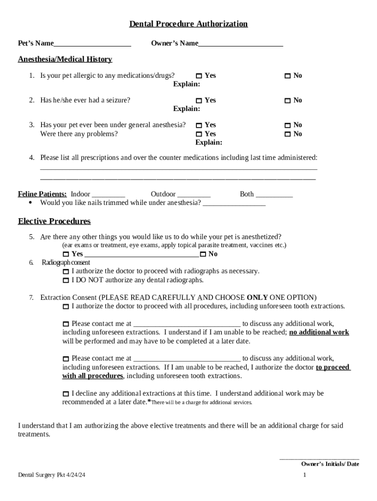 Dental Procedure Authorization Doc Template | pdfFiller