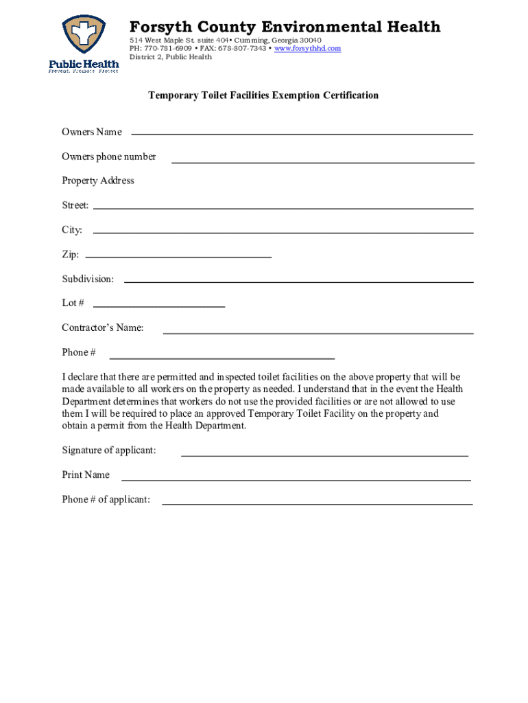 Temporary Toilet Facilities Exemption Certification: Fill out & sign online | DocHub