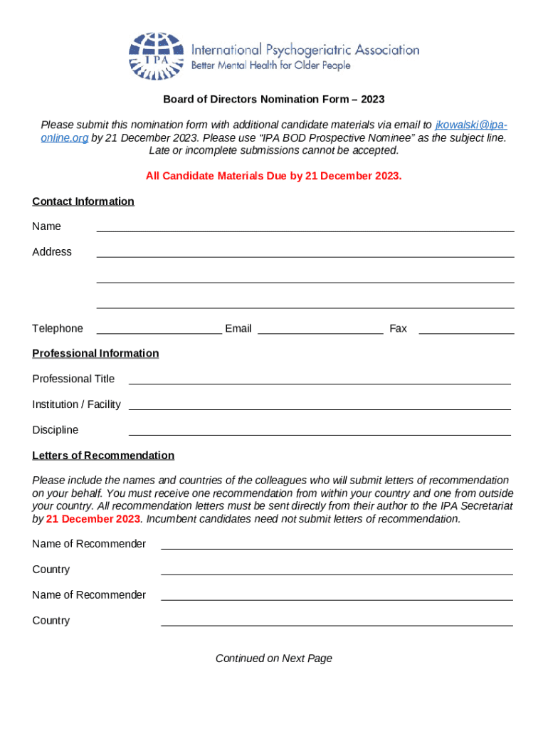 Board of Directors Nomination Doc Template | pdfFiller