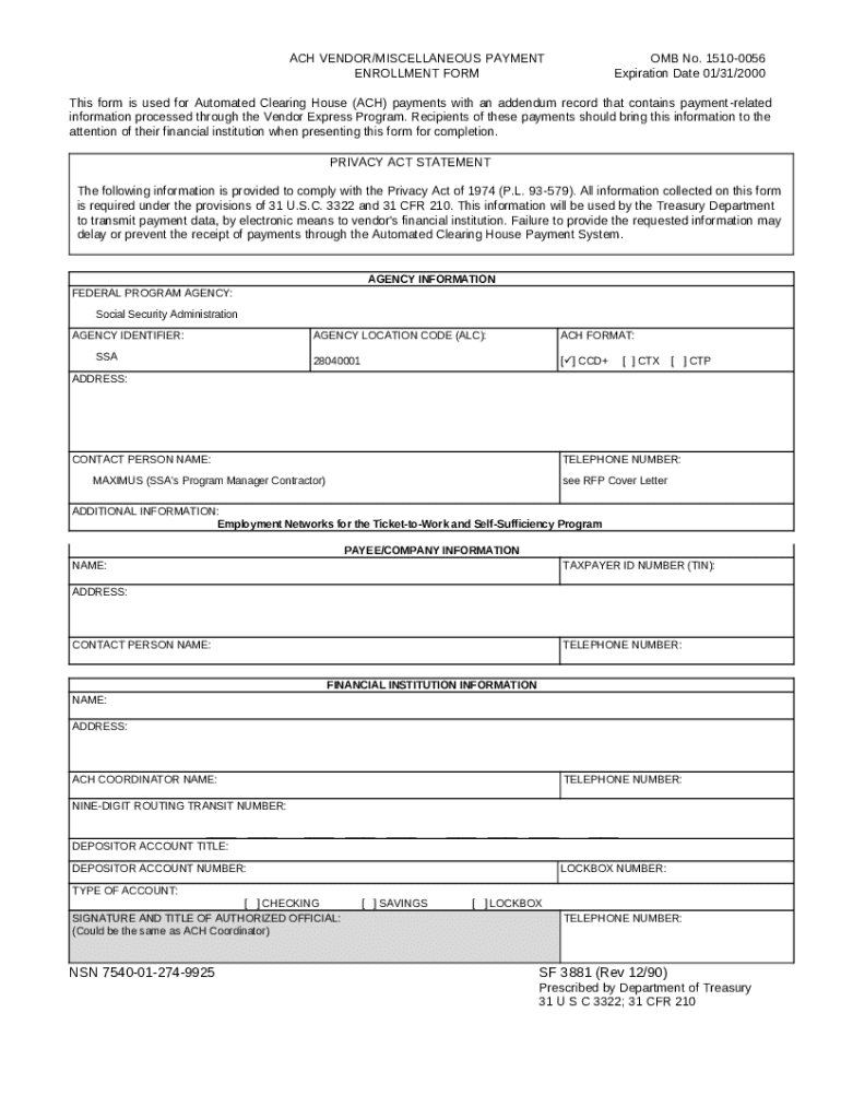 Ach Vendor/miscellaneous Payment Enrollment Doc Template | pdfFiller
