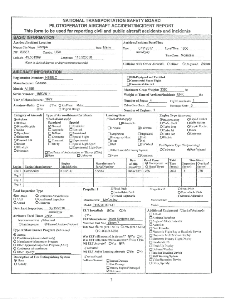 Fillable Online Aircraft Accident Report 2017 - Ntsb Pilot Operator Fax ...