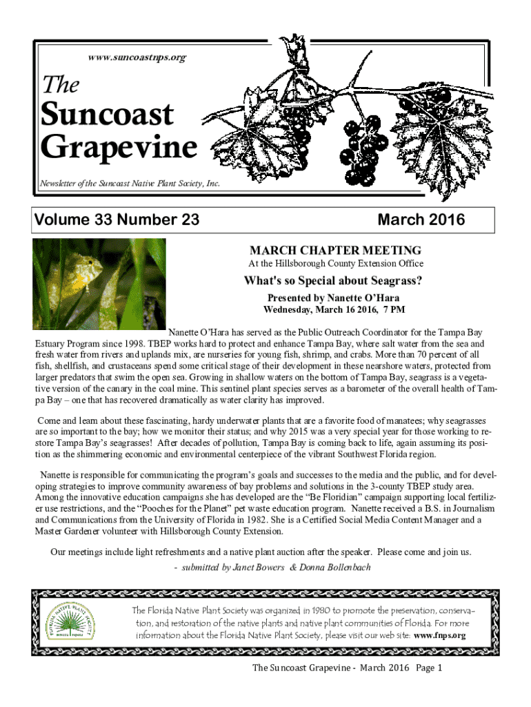 Fillable Online Suncoast Grapevine Newsletter - March 2016: Seagrass ...