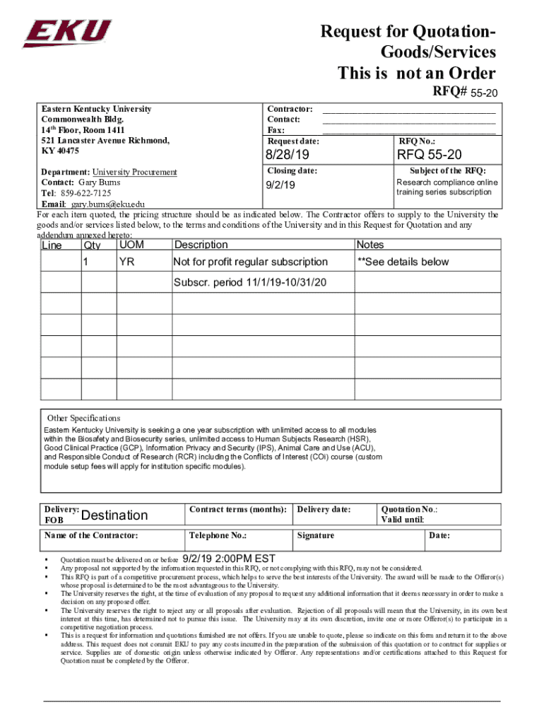 Fillable Online Eastern Kentucky University Rfq 55-20 - Subscription for Training Series 2019 ...