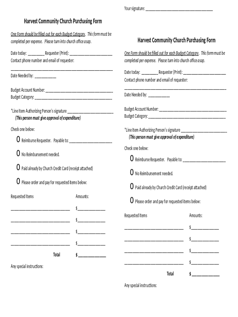 Harvest Community Church Purchasing Doc Template | pdfFiller