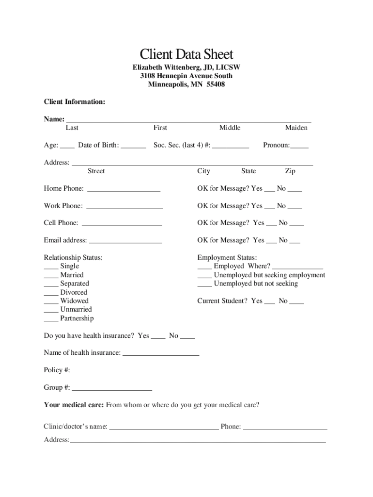Fillable Online Client Data Sheet for Elizabeth Wittenberg - Essential ...