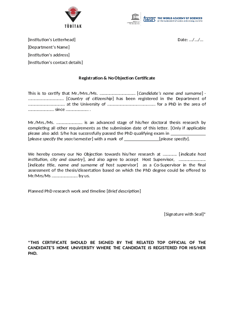 Registration & No Objection Certificate Doc Template | pdfFiller