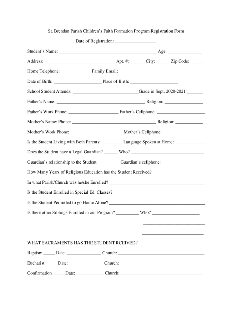 Fillable Online St. Brendan Parish 2020-2021 Children's Faith Formation ...