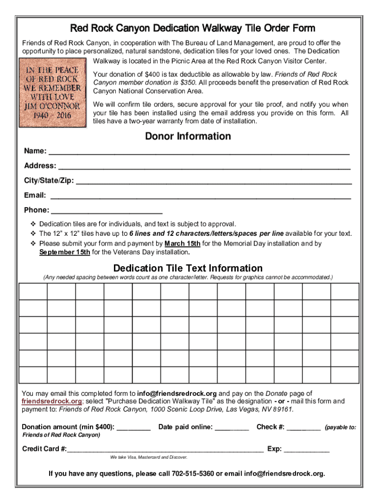 Fillable Online Red Rock Canyon Dedication Walkway Tile Order Form Fax ...