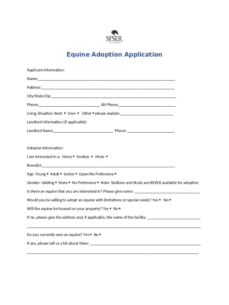 Equine Adoption Application Doc Template | pdfFiller