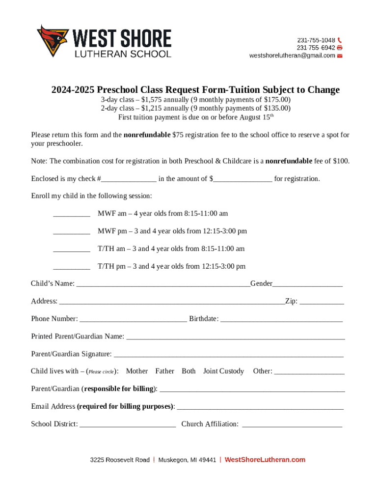 2024-2025 Preschool Class Request Doc Template | pdfFiller