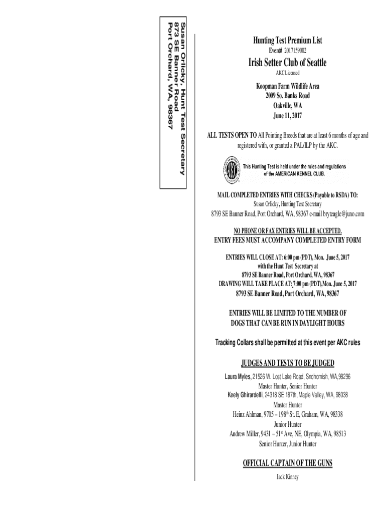 Fillable Online 2017 Hunting Test Premium List for All Pointing Breeds ...
