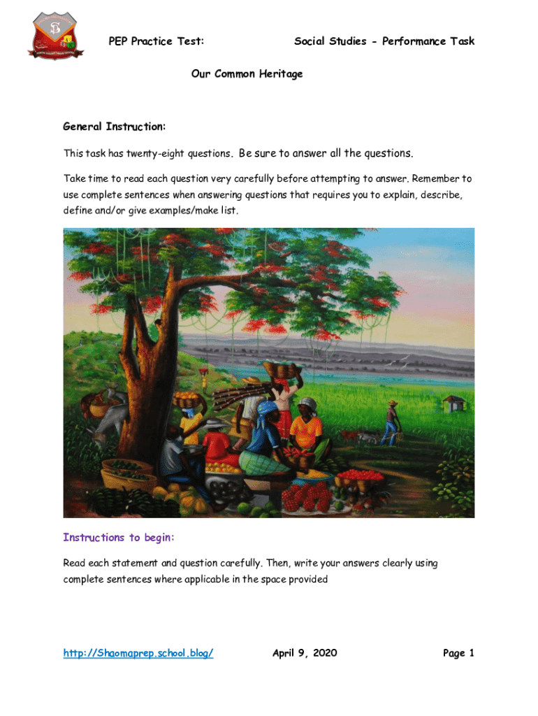 Fillable Online PEP Practice Test: Social Studies - Performance Task ...