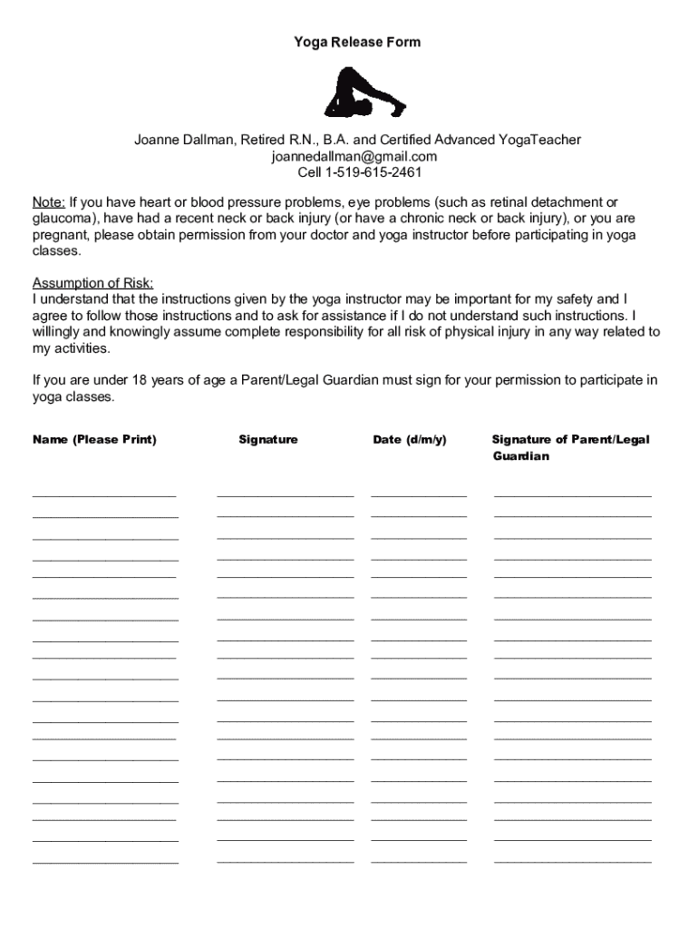 Fillable Online Yoga Release Form 2023 - Important Instructions and ...