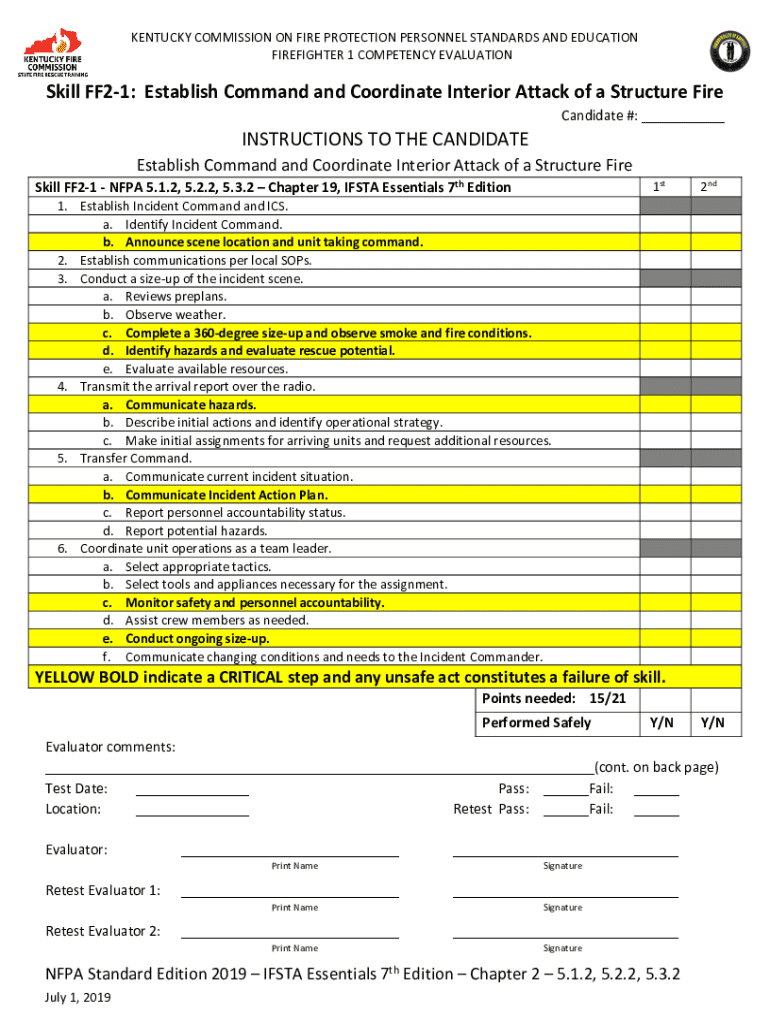 Fillable Online 2019 Kentucky Firefighter 1 Competency Evaluation - Skills Assessment Fax Email ...
