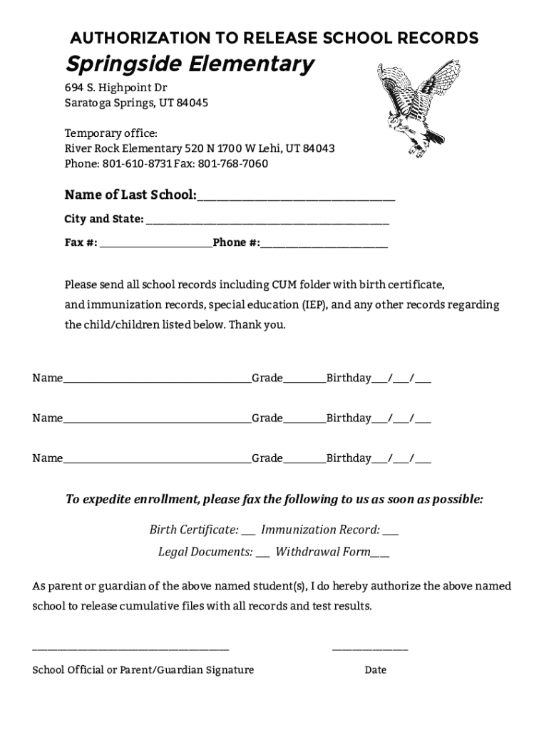 Fillable Online Authorization to Release School Records - 2023 Request ...