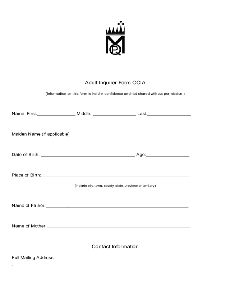 Fillable Online Adult Inquirer Form 2023 - Join the Catholic Church Fax ...