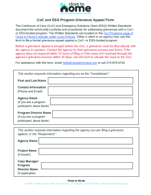 Fillable Online Coc & Esg Grievance Appeal Form - 2023 | Close to Home ...