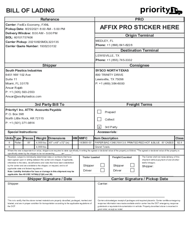 Fillable Online Bill of Lading 2021 - Fedex Shipment From Miami to ...