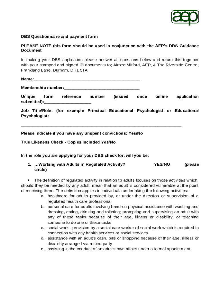 Dbs Questionnaire and Payment Doc Template | pdfFiller