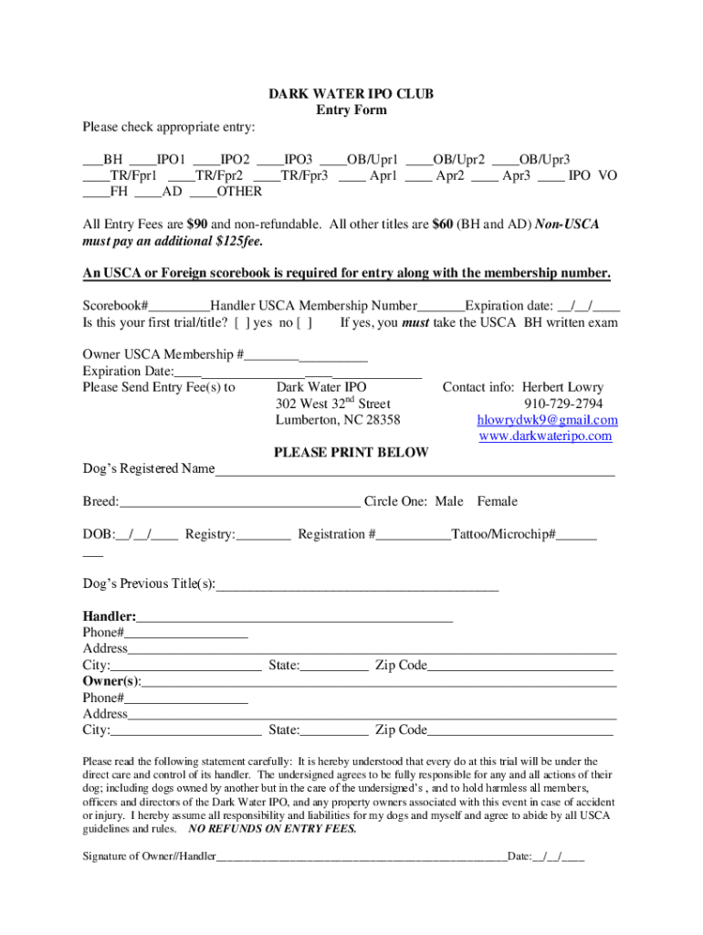 Fillable Online Dark Water Ipo Club Entry Form 2023 - Dog Trials ...
