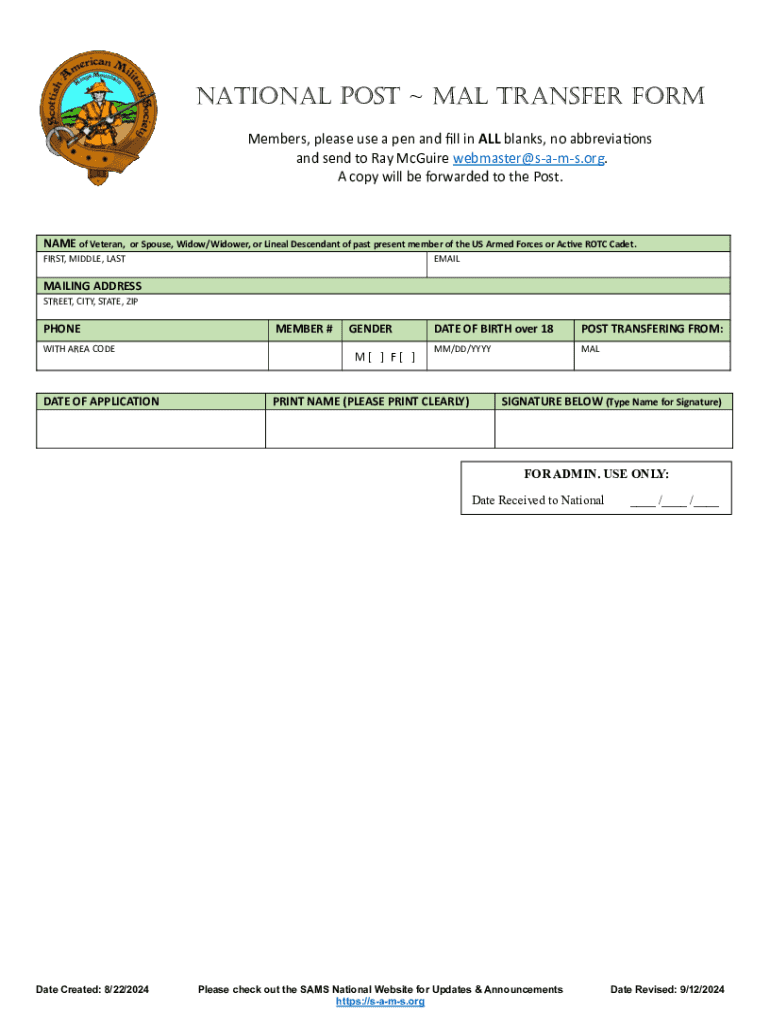 Fillable Online NatioNal Post Mal traNsfer forM Fax Email Print - pdfFiller