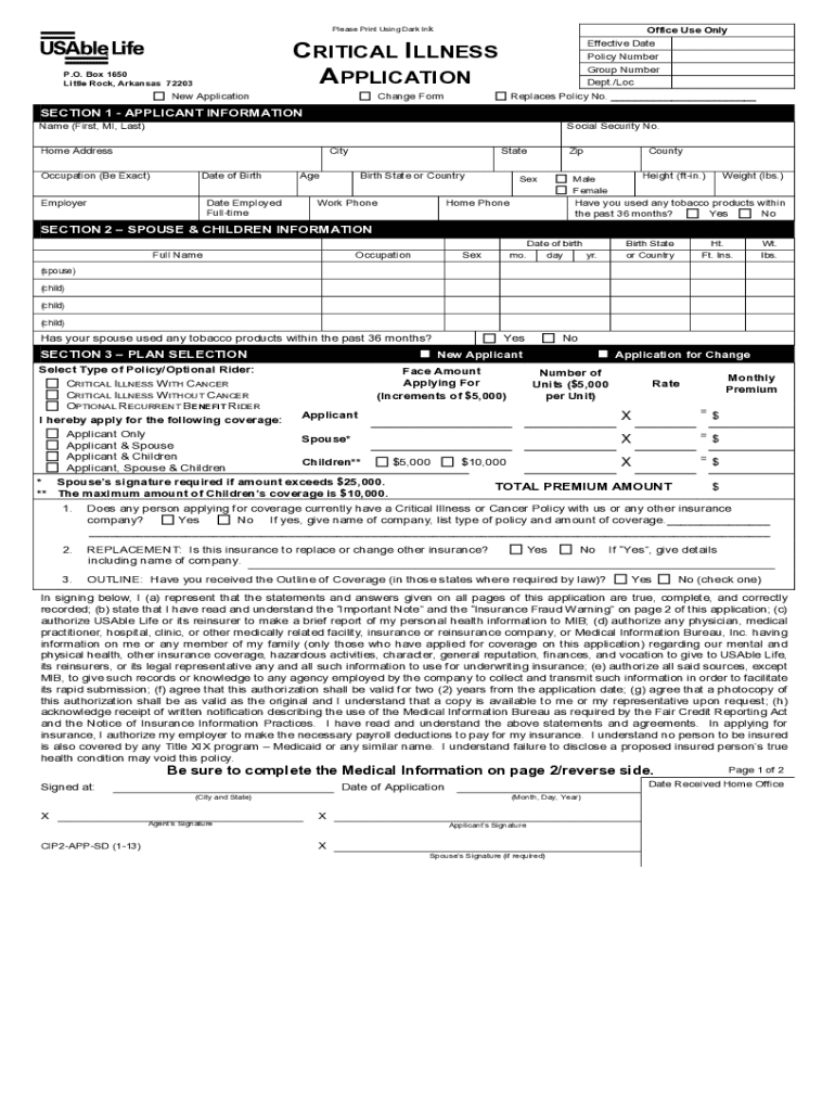 Fillable Online Critical Illness Application Form 2023 - Usable Life ...