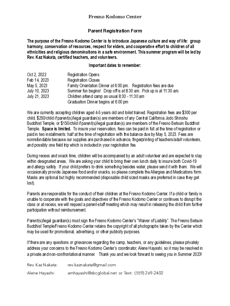 Fillable Online Fresno Kodomo Center Parent Registration Form 2023 ...