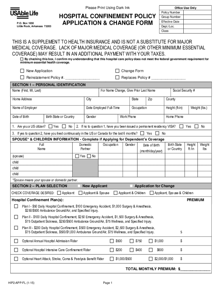 Fillable Online 2023 Hospital Confinement Policy Application - Coverage ...