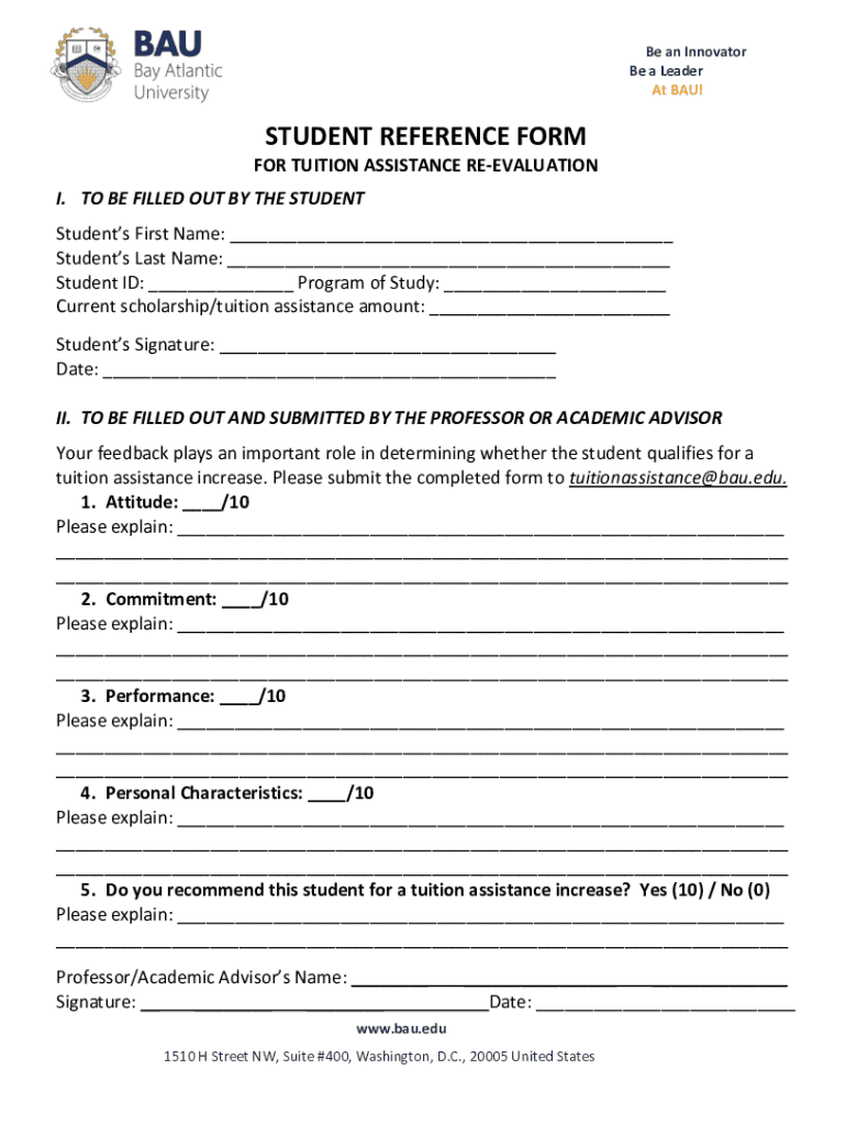 Fillable Online Tuition Assistance Re-evaluation Form 2023 - Bau Fax Email Print - pdfFiller