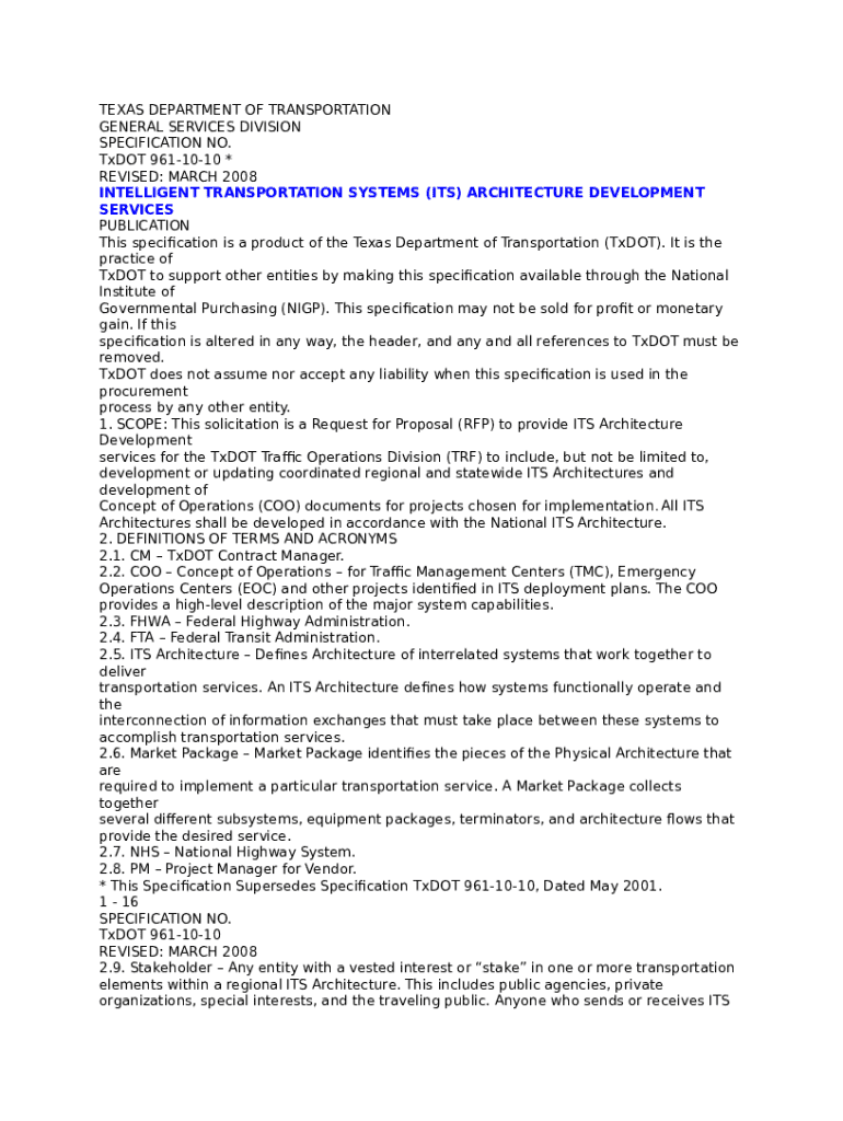 TxDOT Statewide TSMO ITS Standards and Specifications Doc Template | pdfFiller