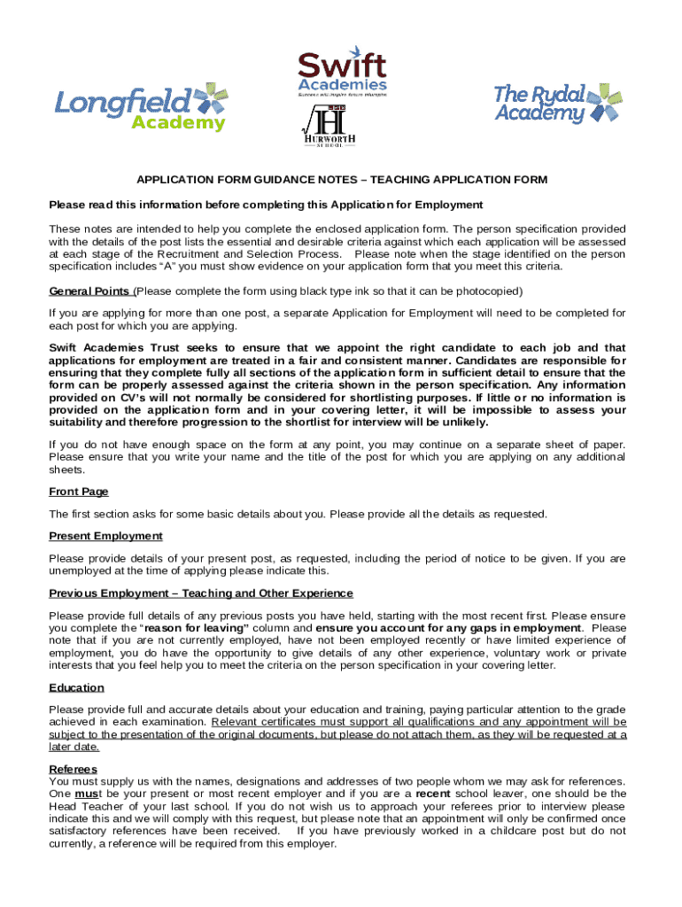 Application Guidance Notes – Teaching Application Doc Template | pdfFiller