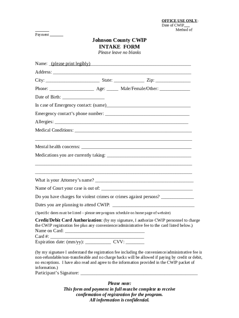 Johnson County Cwip Intake Doc Template | pdfFiller