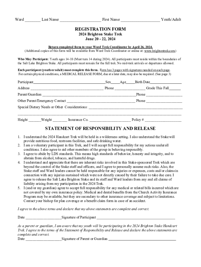 Fillable Online 2024 Brighton Stake Trek Registration - Youth and Adult ...
